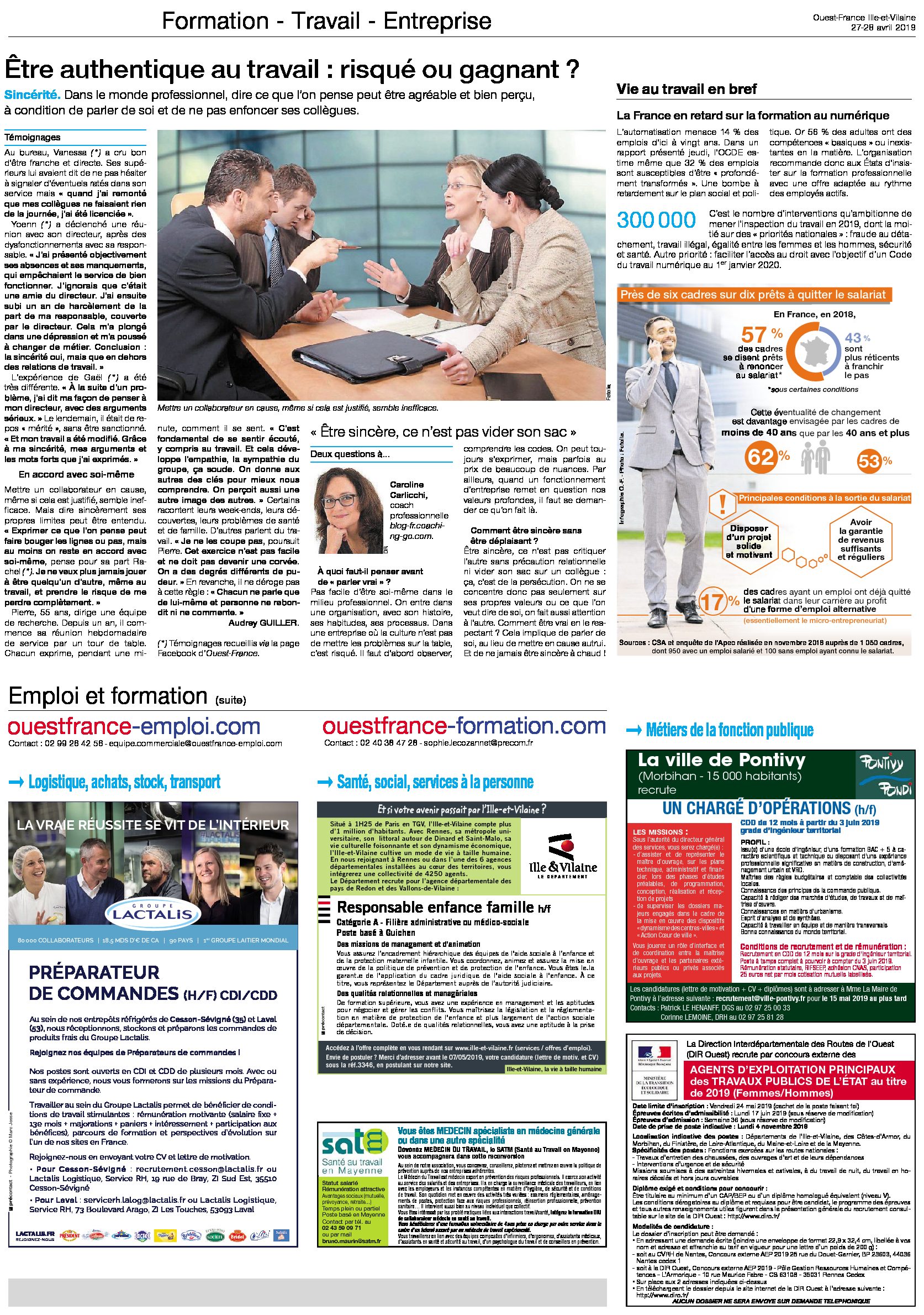 Etre authentique au travail Ouest France 27 Avril 2019 | Le Blog de ...